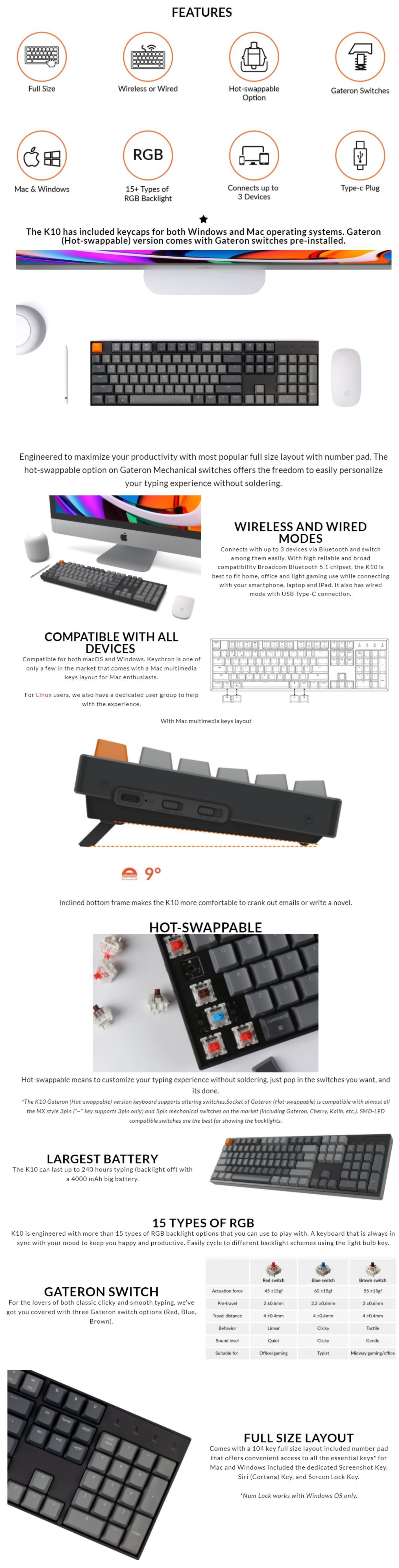 Keychron K10 Wireless Mechanical Keyboard - RGB Backlight Aluminum ...