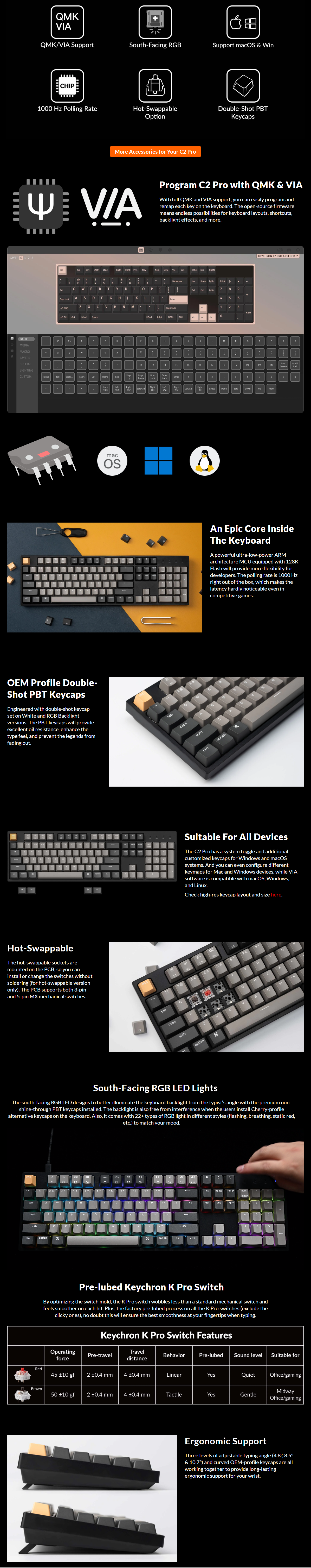 Keychron C2P-A1 C2 Pro Wired Mechanical Keyboard - White Backlight (Red ...